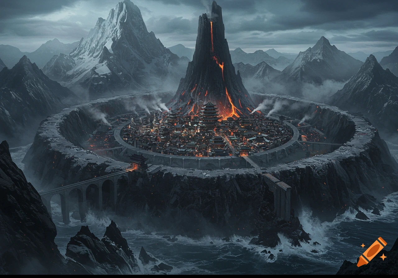 A fantasy city built inside a volcano caldera, surrounded by mountains ...