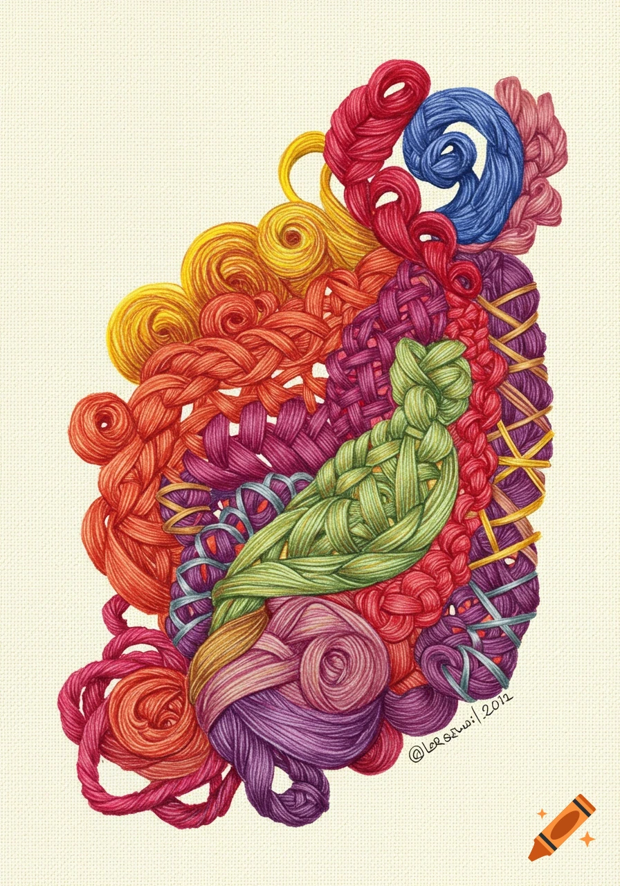 Colorful abstract illustration of braided and curled threads or ...