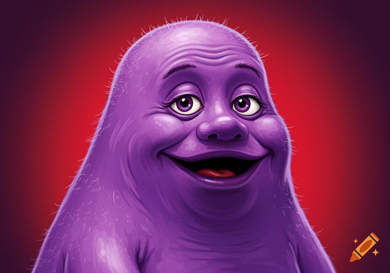 Close-up digital painting of a bald purple creature similar to Grimace ...