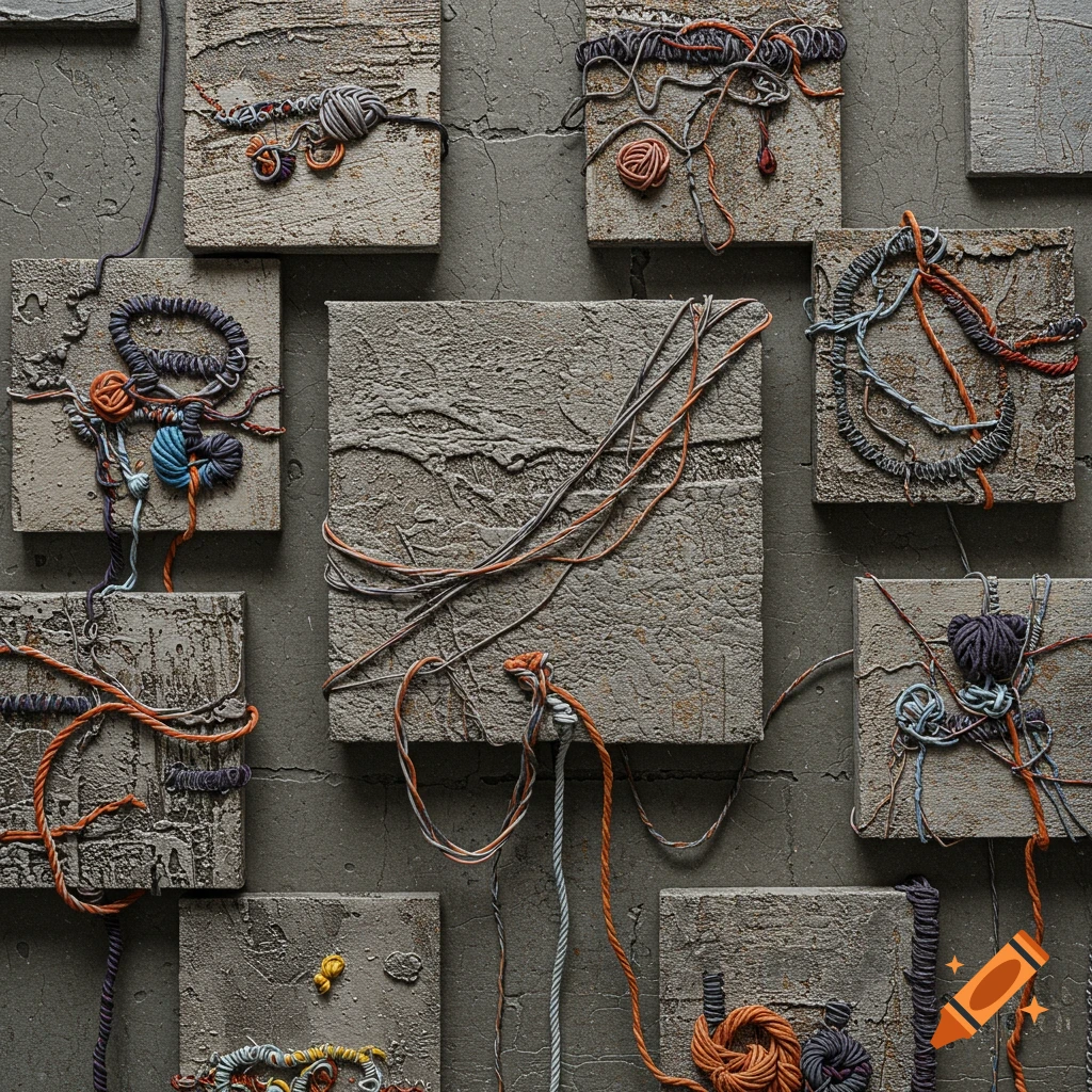 Abstract art with textured squares wrapped in tangled grey, orange, and ...