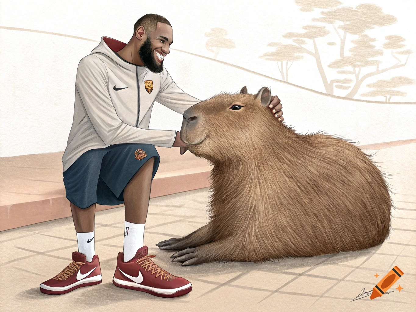 LeBron James kneels and pets a capybara in an illustration. on Craiyon