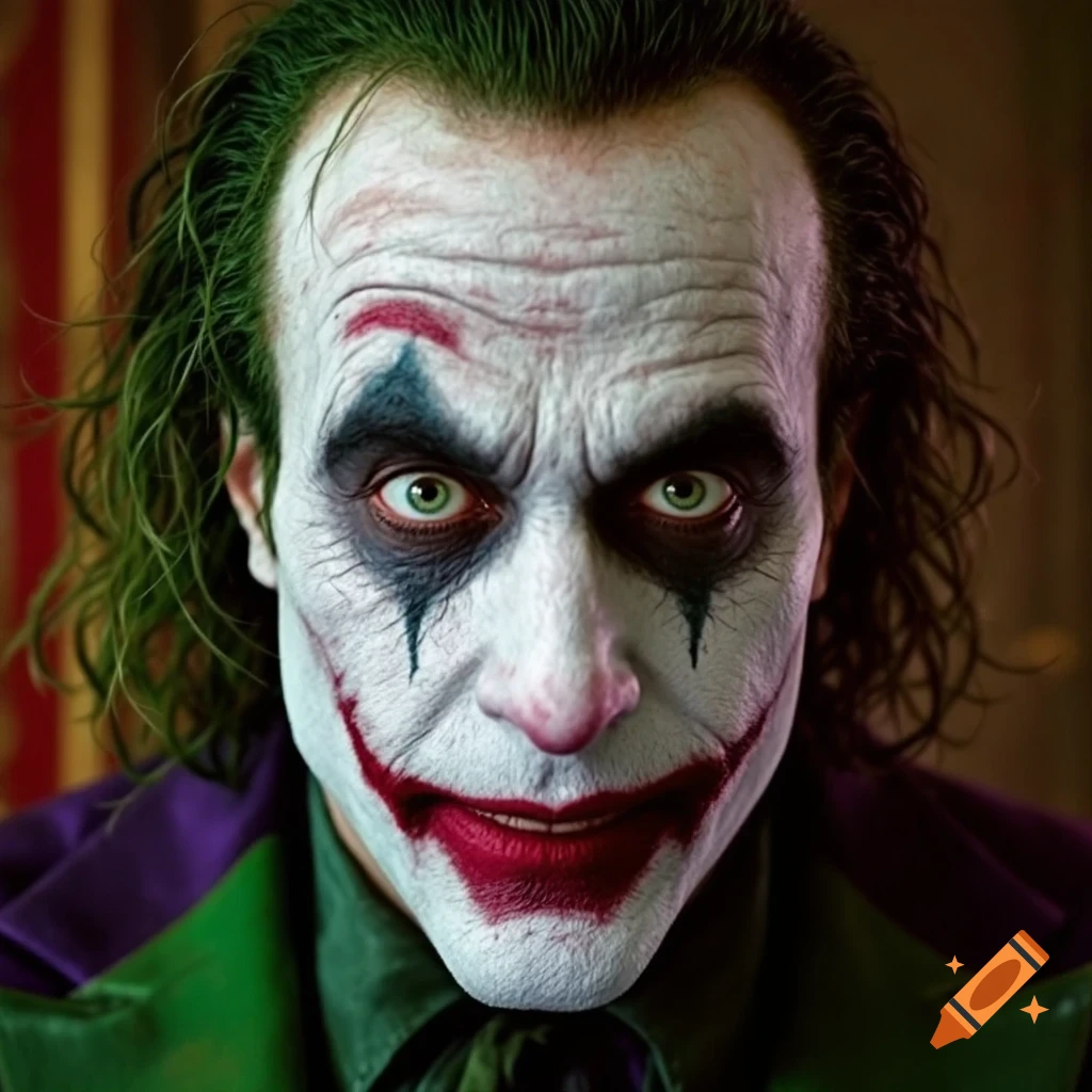 Close-up photorealistic portrait of The Joker with intense green eyes ...