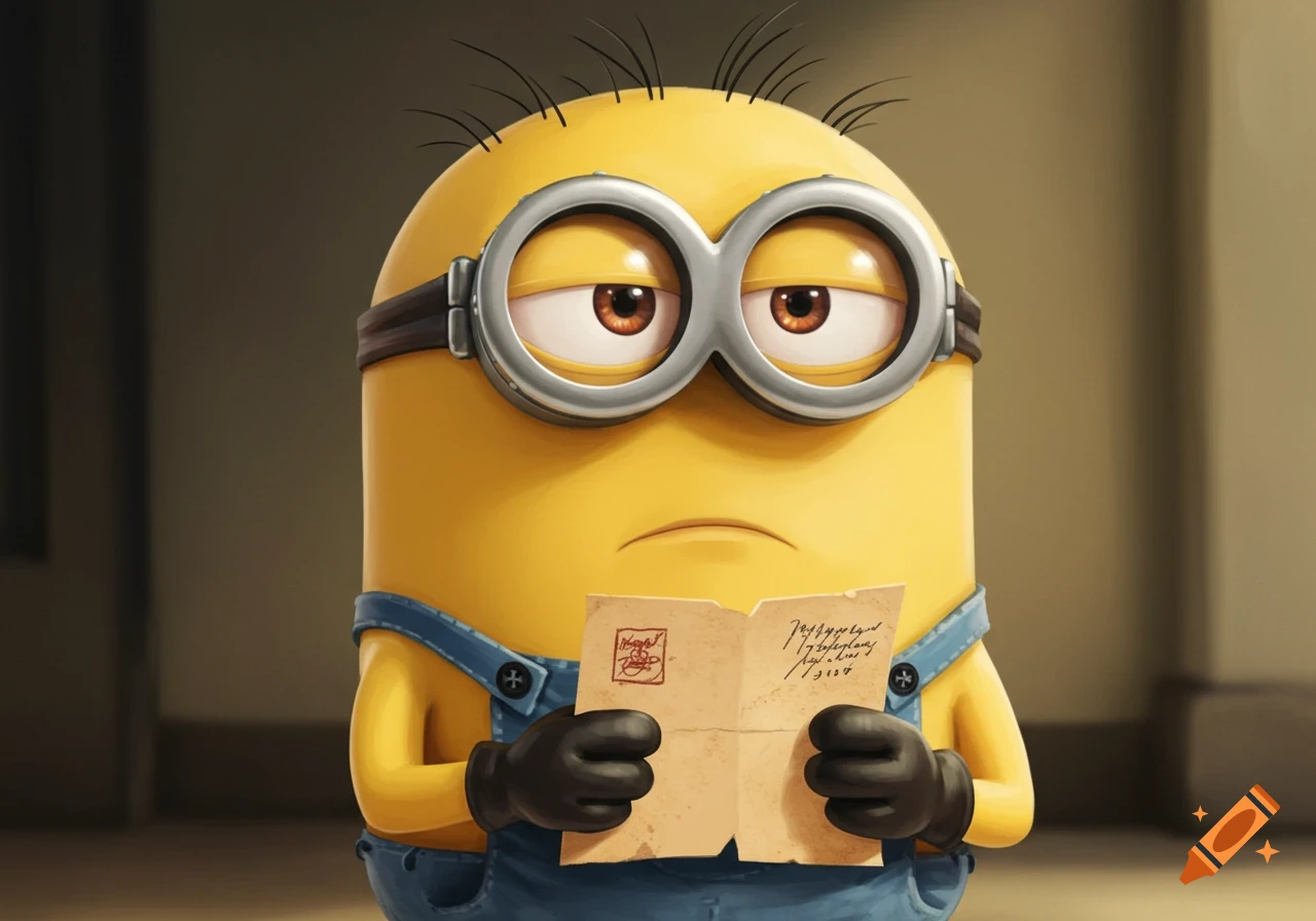 A sad Minion cartoon character holds a letter. on Craiyon