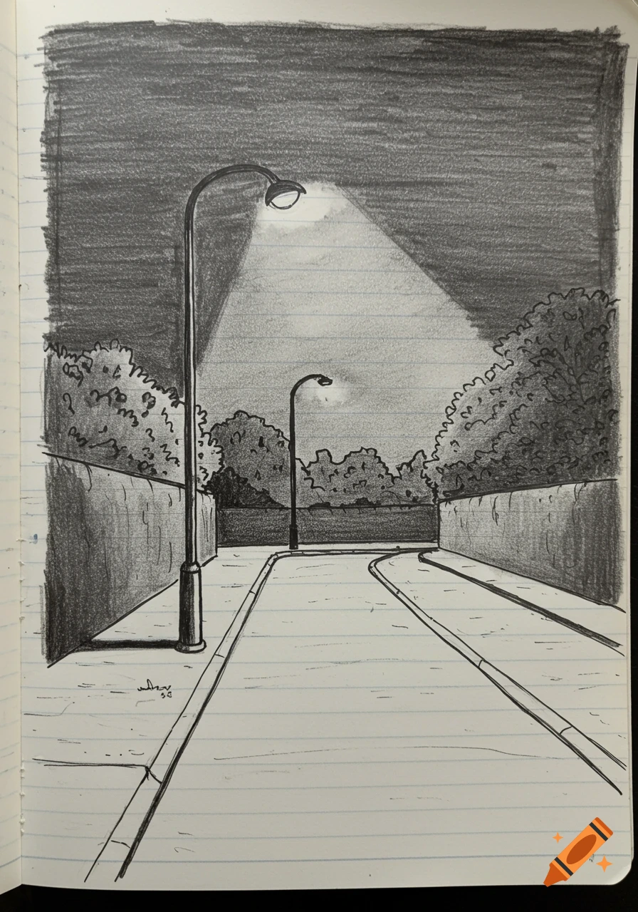 Minimalist pencil sketch of a street with street lamps at night on ...