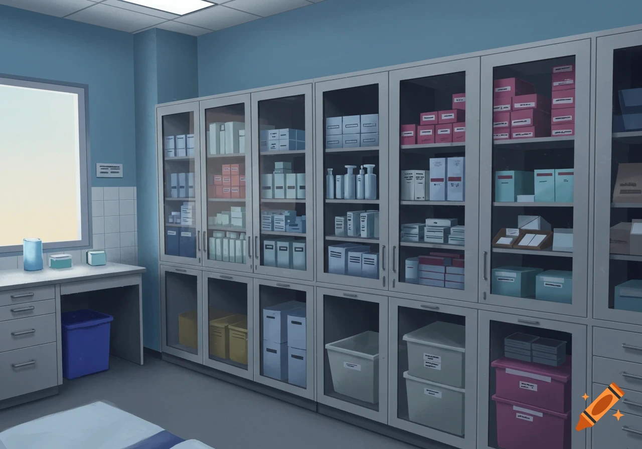 Interior view of a medical office storage room with shelves full of ...