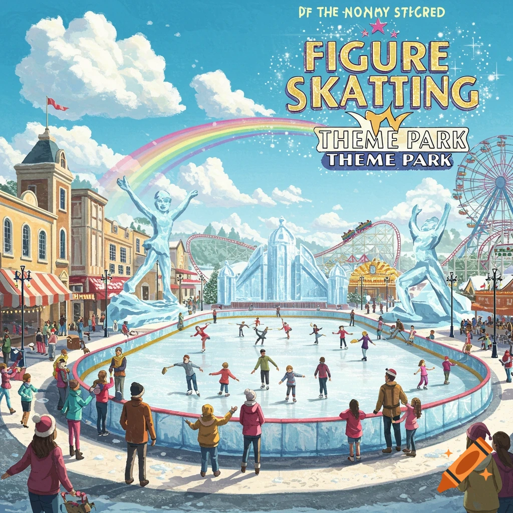 Illustration of a busy figure skating theme park with ice sculptures, a ...