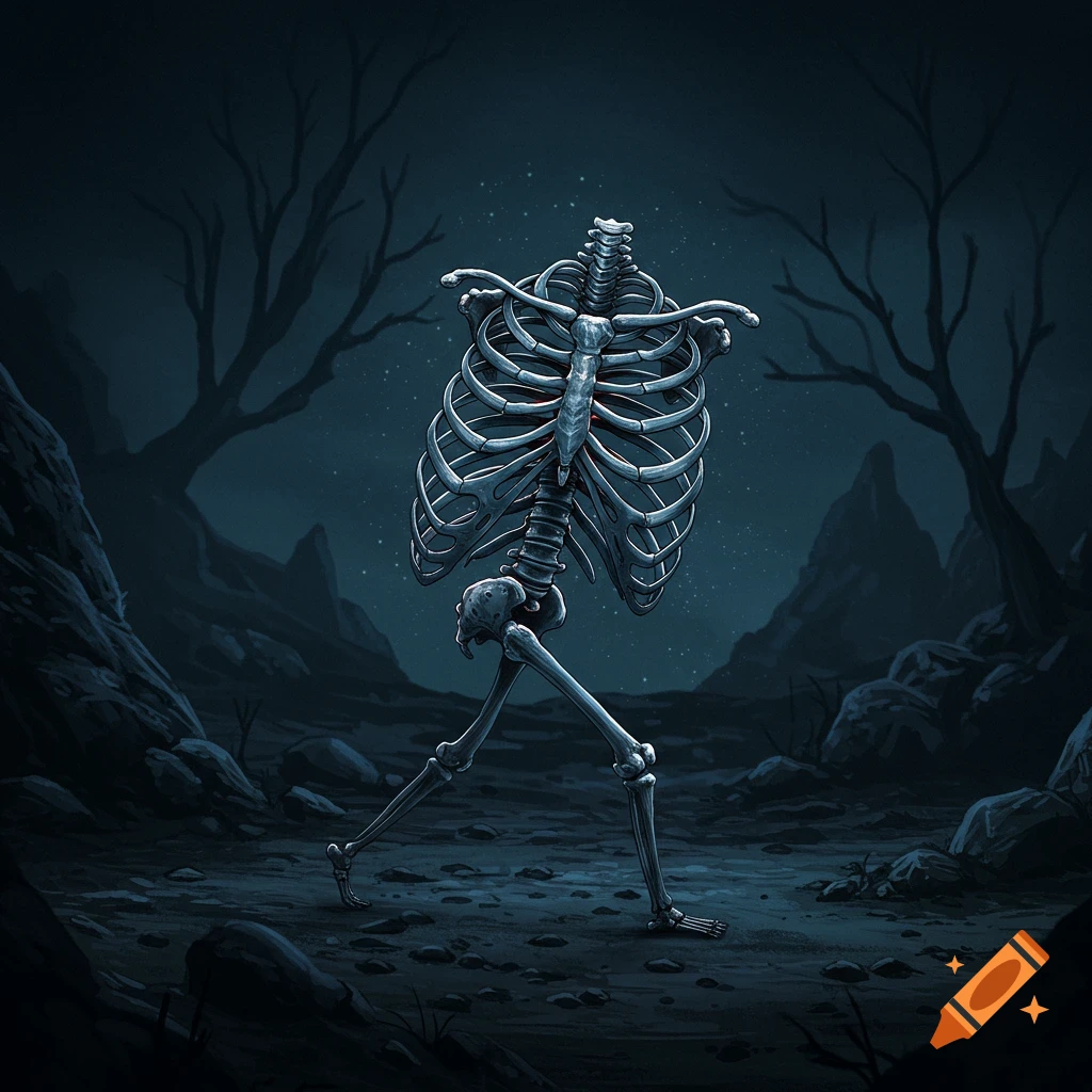 An animated ribcage skeleton walks through a dark, spooky landscape at ...