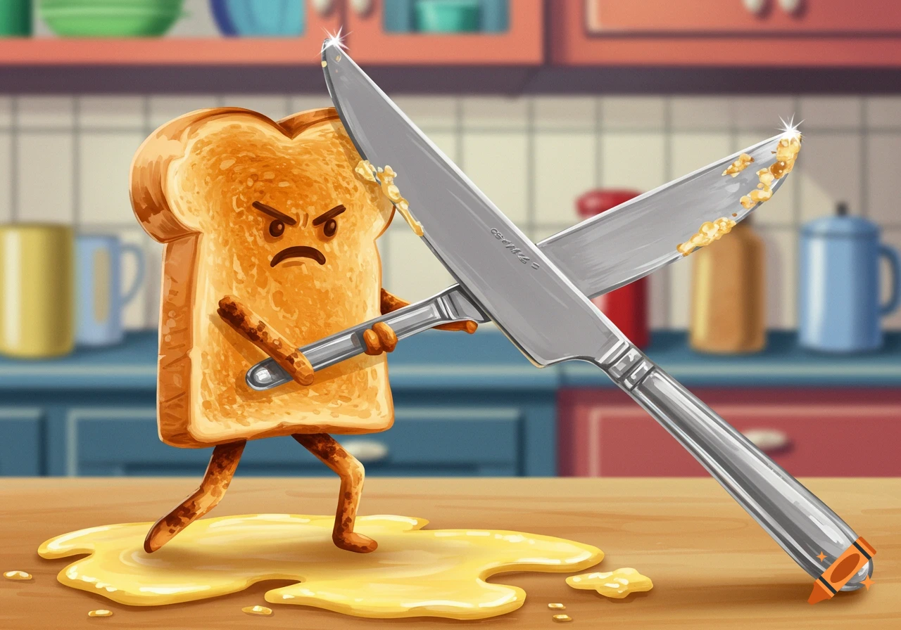 An angry slice of toast with legs and arms fights two butter knives in ...