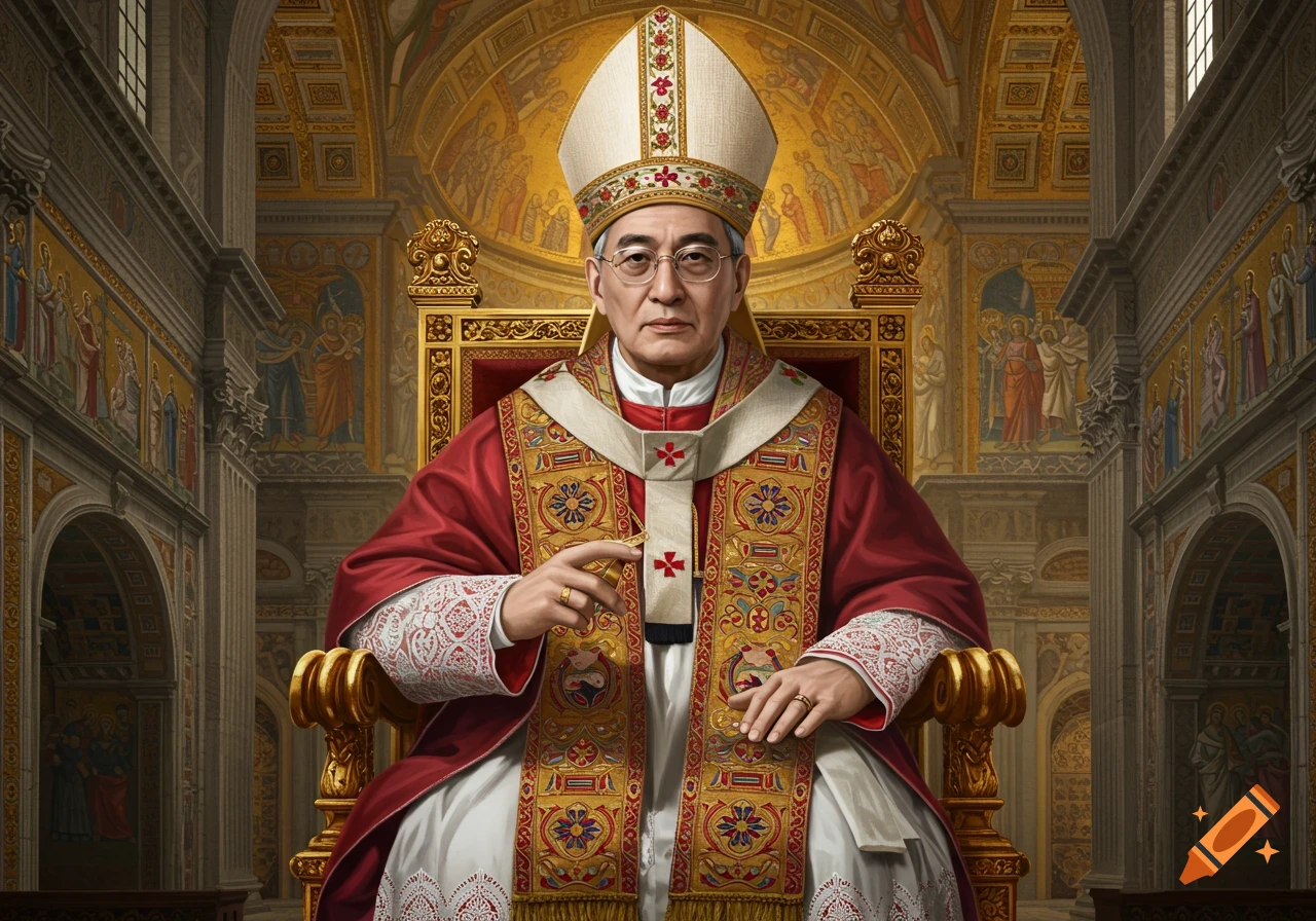 Portrait of a person dressed as a pope sitting on a throne in a ornate ...