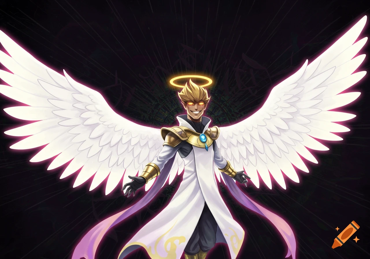 Character illustration of an angel-like figure with white wings, halo ...