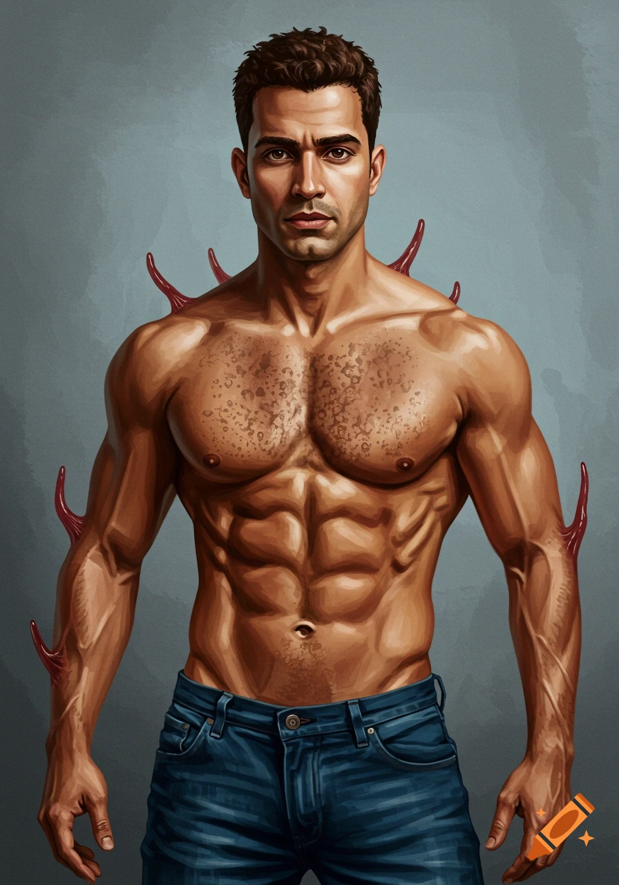 Muscular man with alien growths on shoulders and arms, in a digital ...