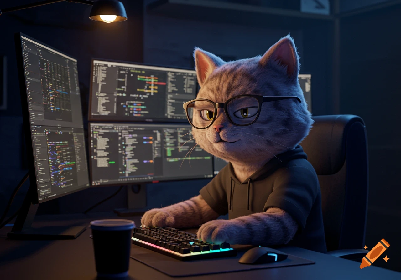 Cartoon cat wearing glasses working at a computer with multiple ...