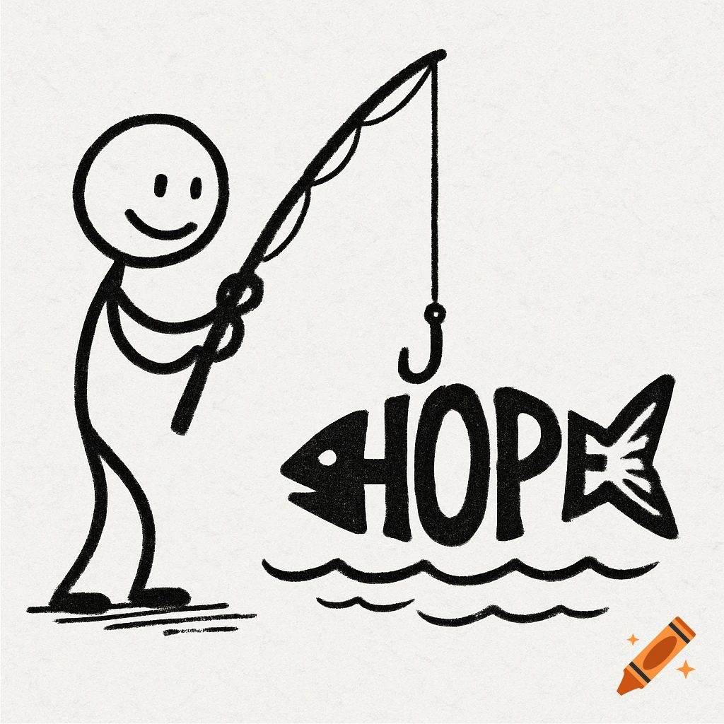 Black and white doodle drawing of a stick figure fishing for the word ...