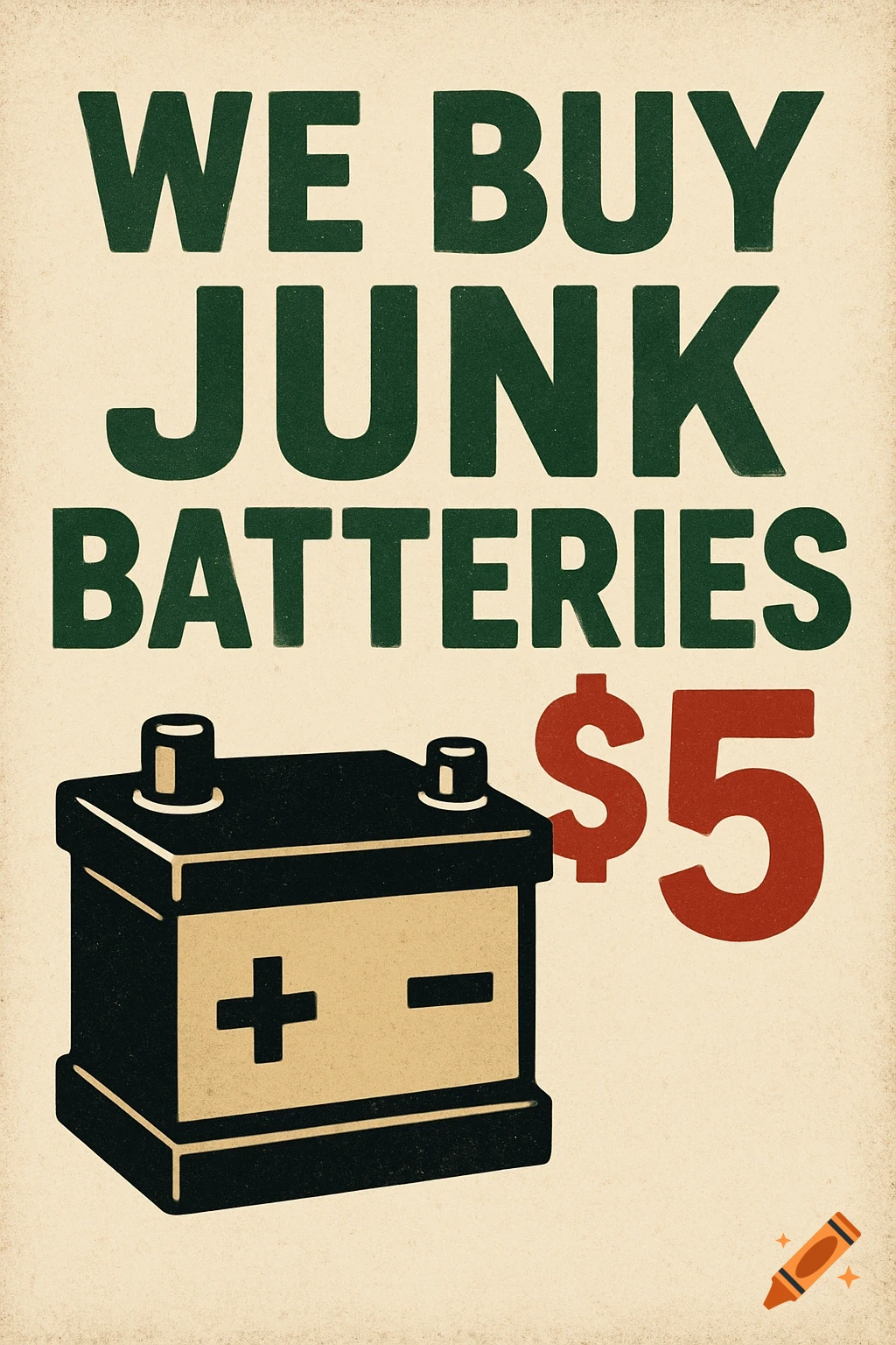 Vintage style poster advertising buying junk batteries for $5, showing ...