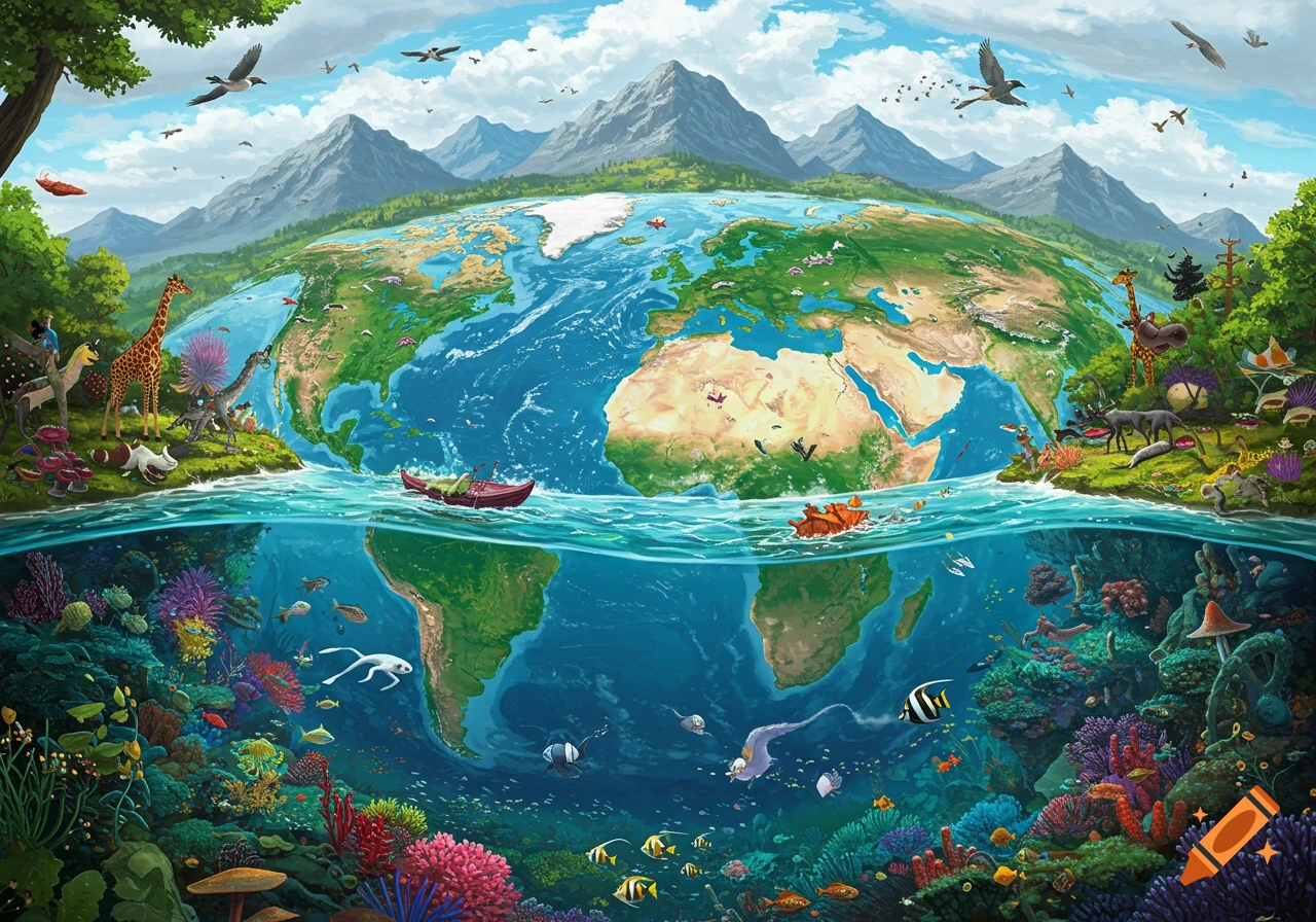 Illustration of the Earth split at the water line, showing land animals ...