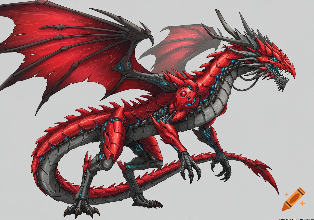 A red and grey biomechanical dragon with sharp edges and glowing blue ...