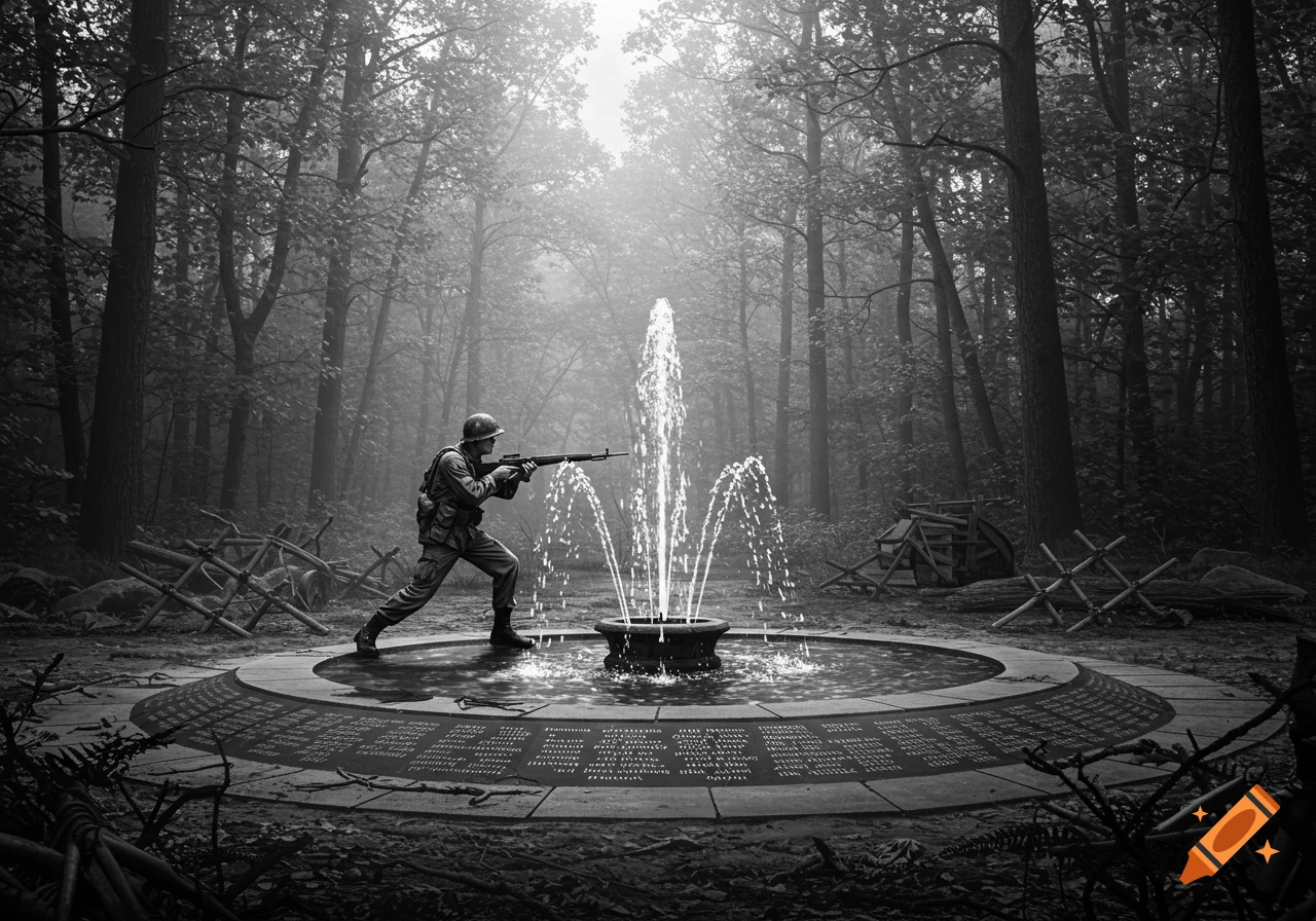 Black and white photo of a soldier aiming a rifle next to a fountain on ...