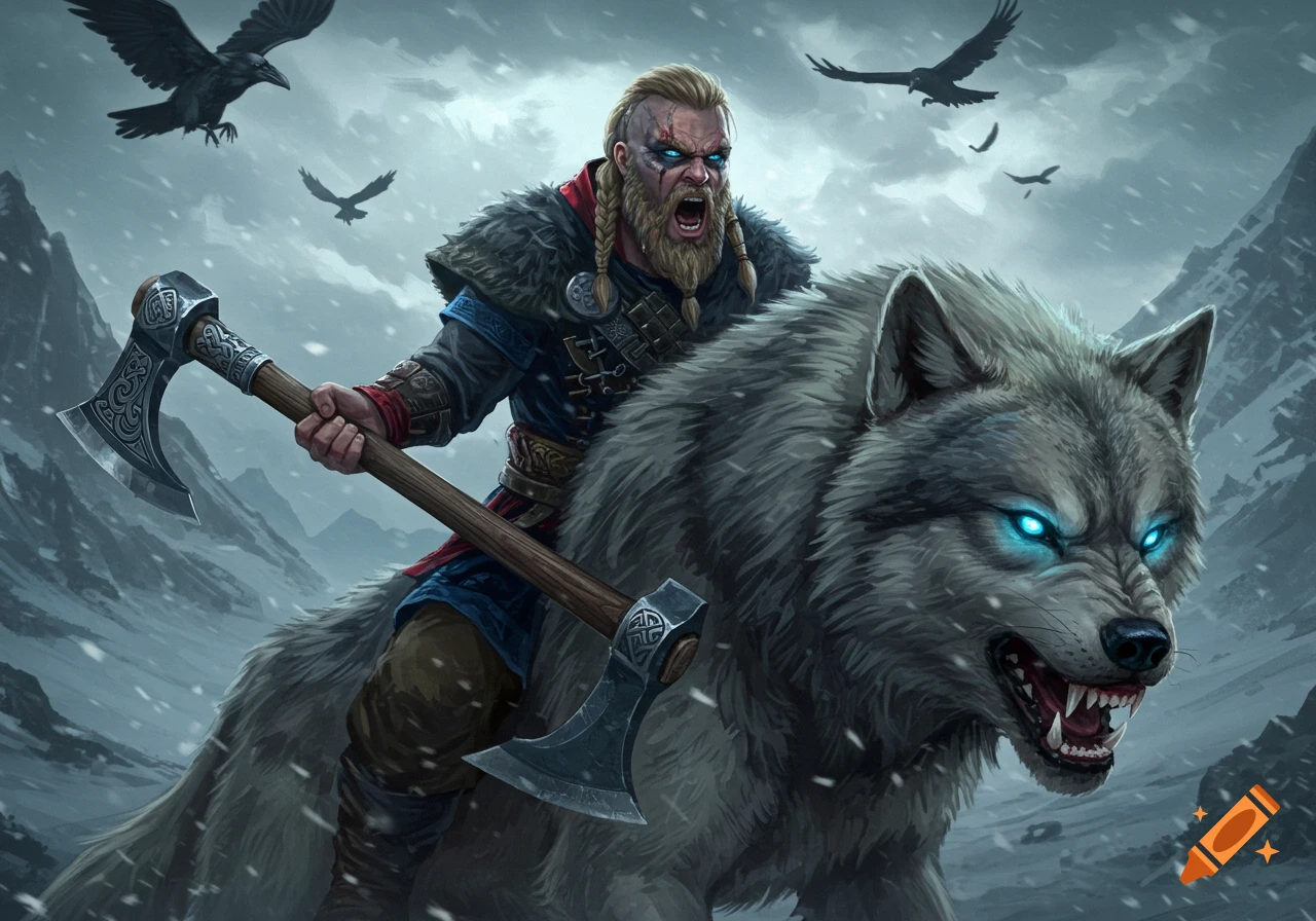 Illustration of a roaring Viking warrior riding a wolf in a snowy ...