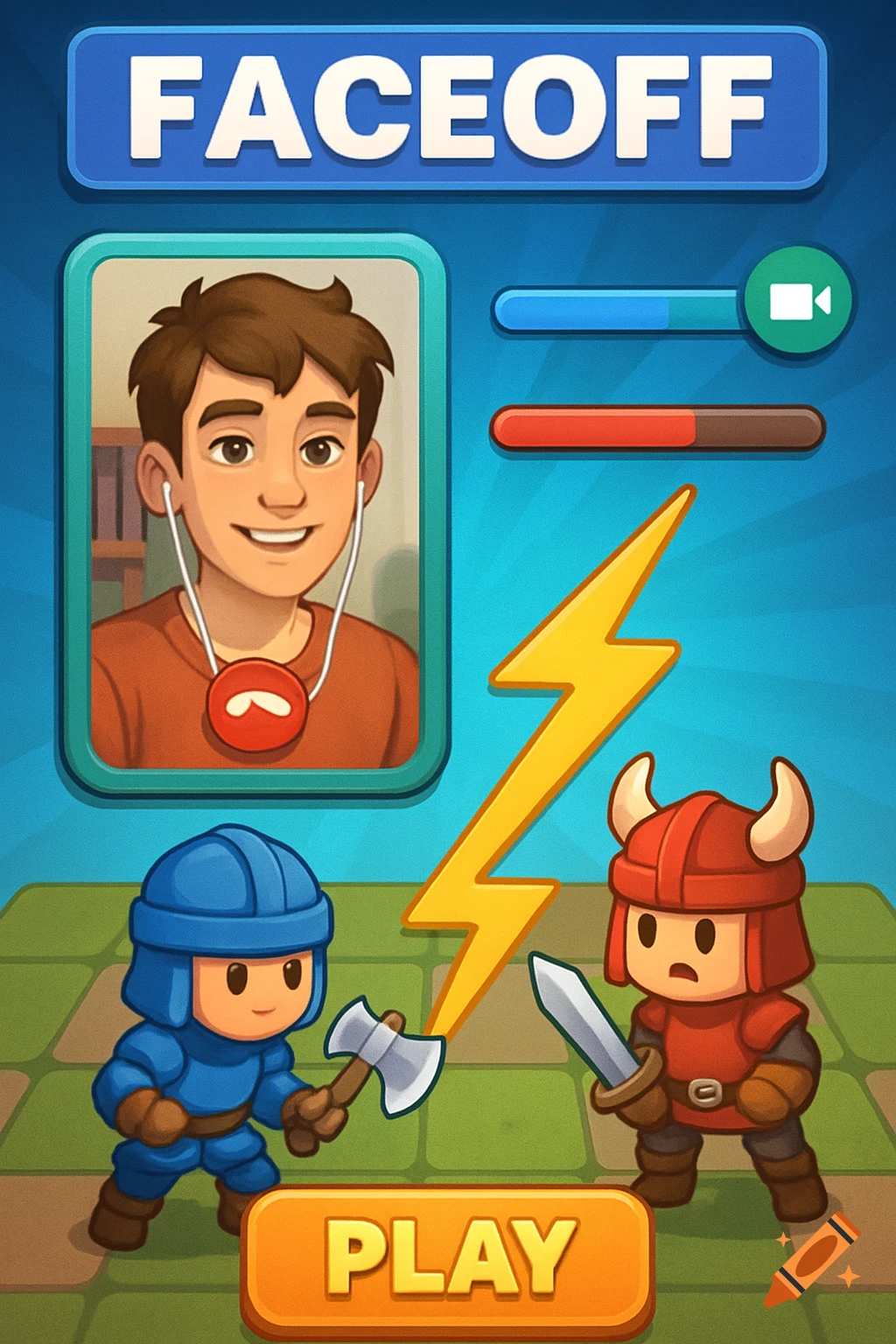 Cartoon game screen with 'Faceoff' title, character portrait, two ...