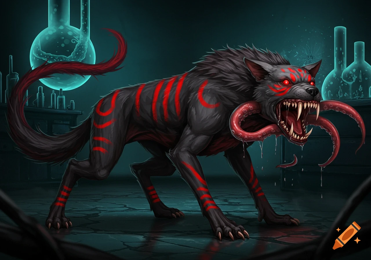 A scary monster creature with tentacles and red markings in a lab. on ...