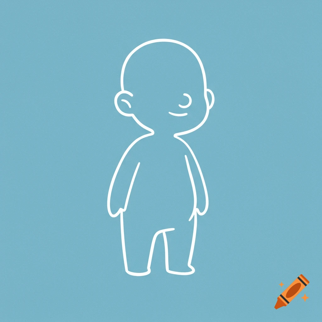 A simple white outline drawing of a cartoon figure standing on a blue ...