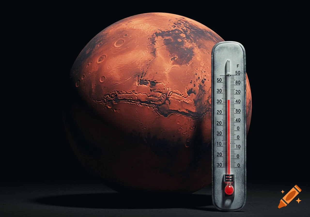 Mars planet with a thermometer showing temperature against a black ...