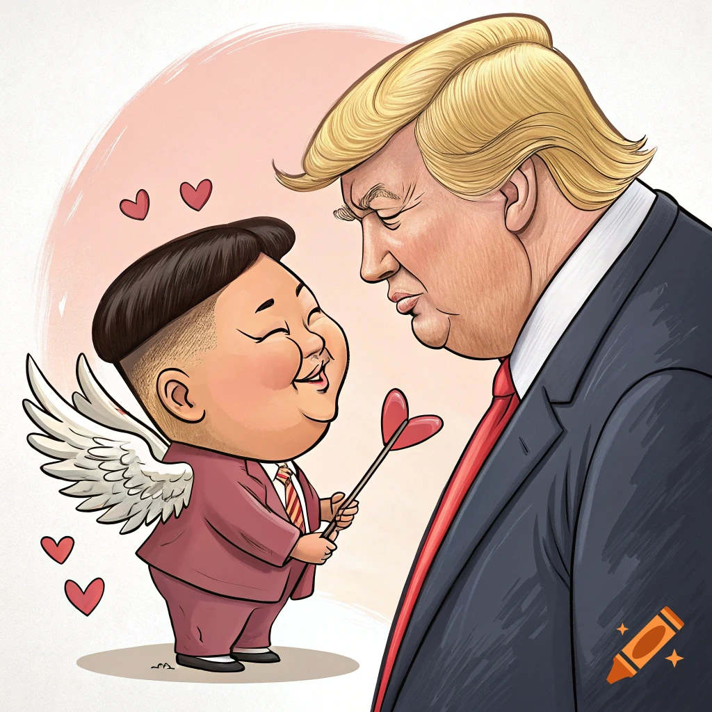 Cartoon caricature of Cupid Kim Jong Un offering a heart arrow to ...