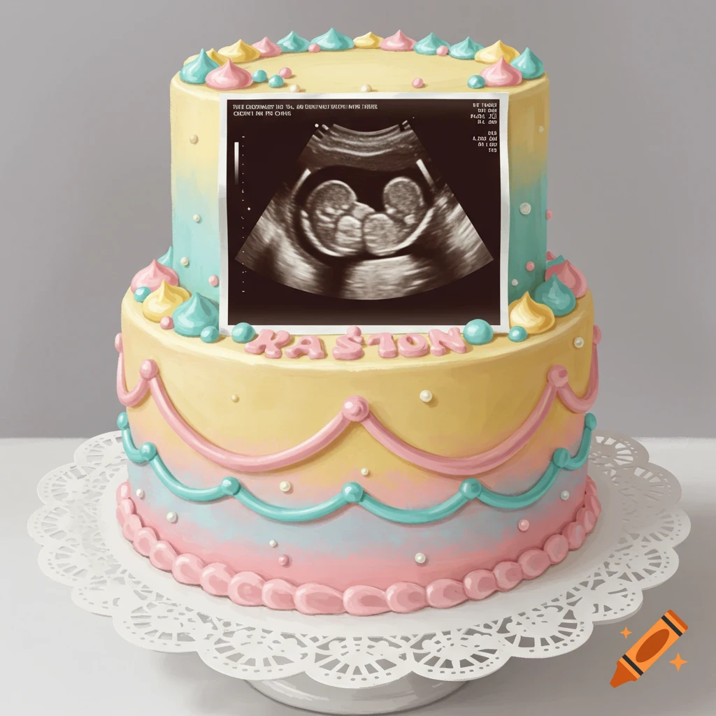 A two-tiered cake decorated in pink and blue frosting with a sonogram ...