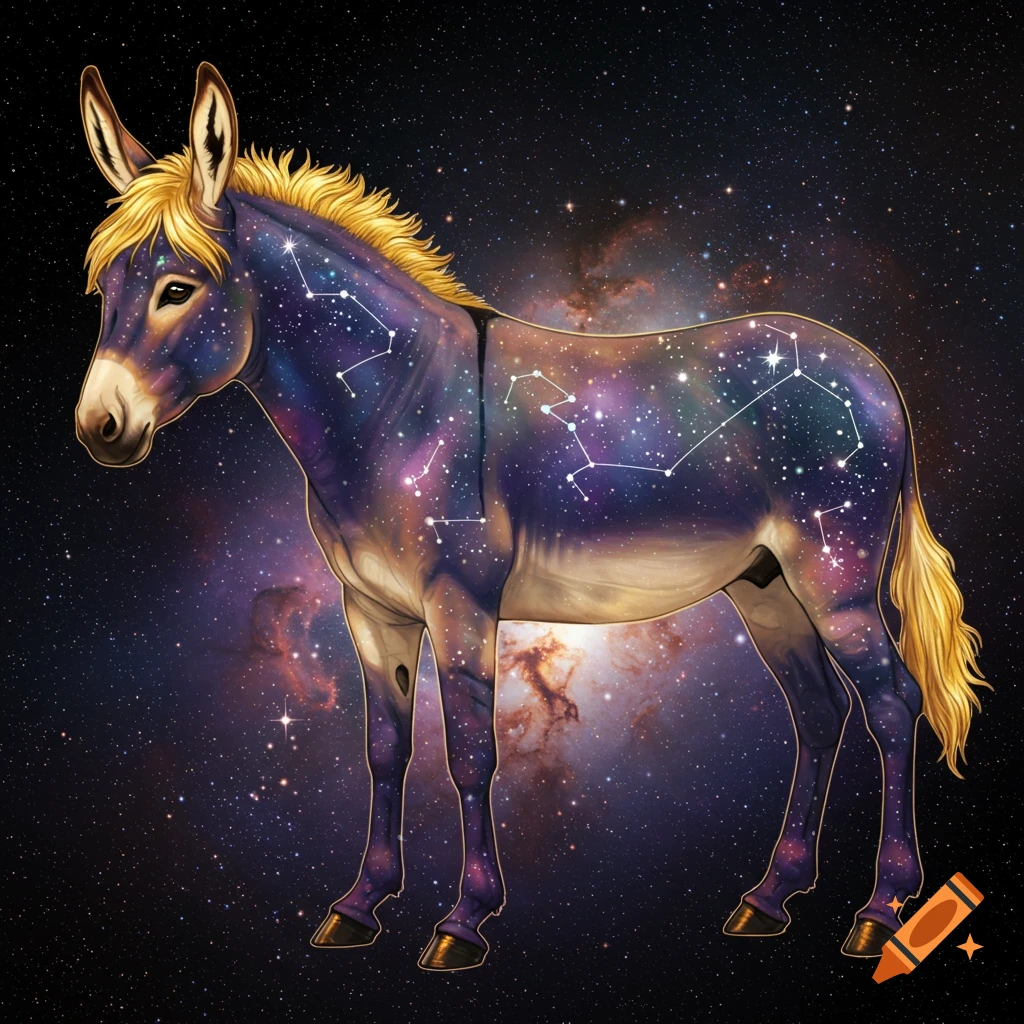 An illustration of a donkey with a body covered in a starry galaxy pattern and constellations ...
