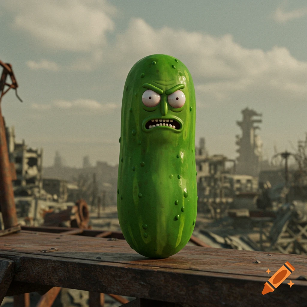 Pickle Rick stands on a ledge in a ruined city, looking angry. on Craiyon