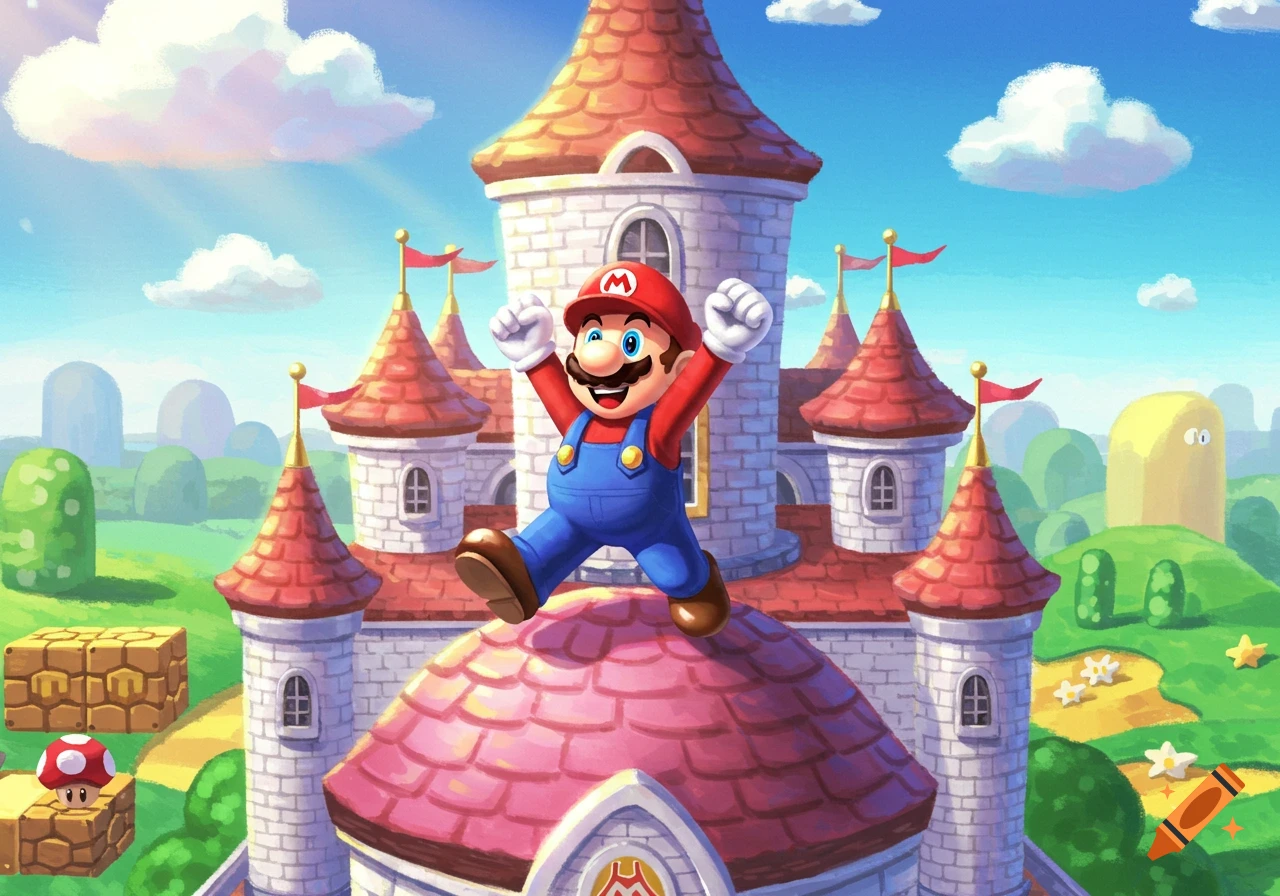 Mario jumping excitedly on the roof of a large pink and white castle in ...