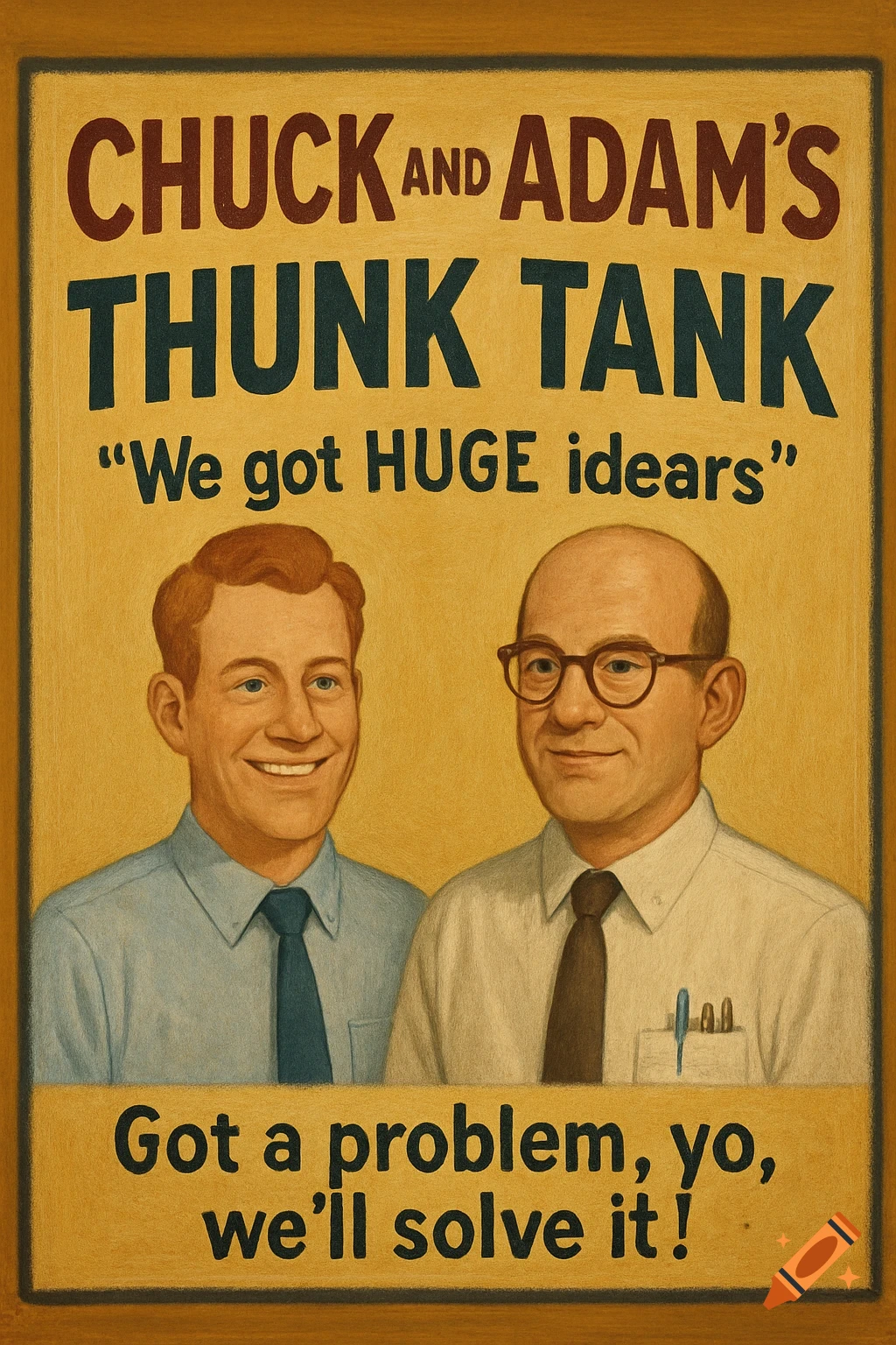 Retro poster featuring two men in shirts and ties and text on Craiyon