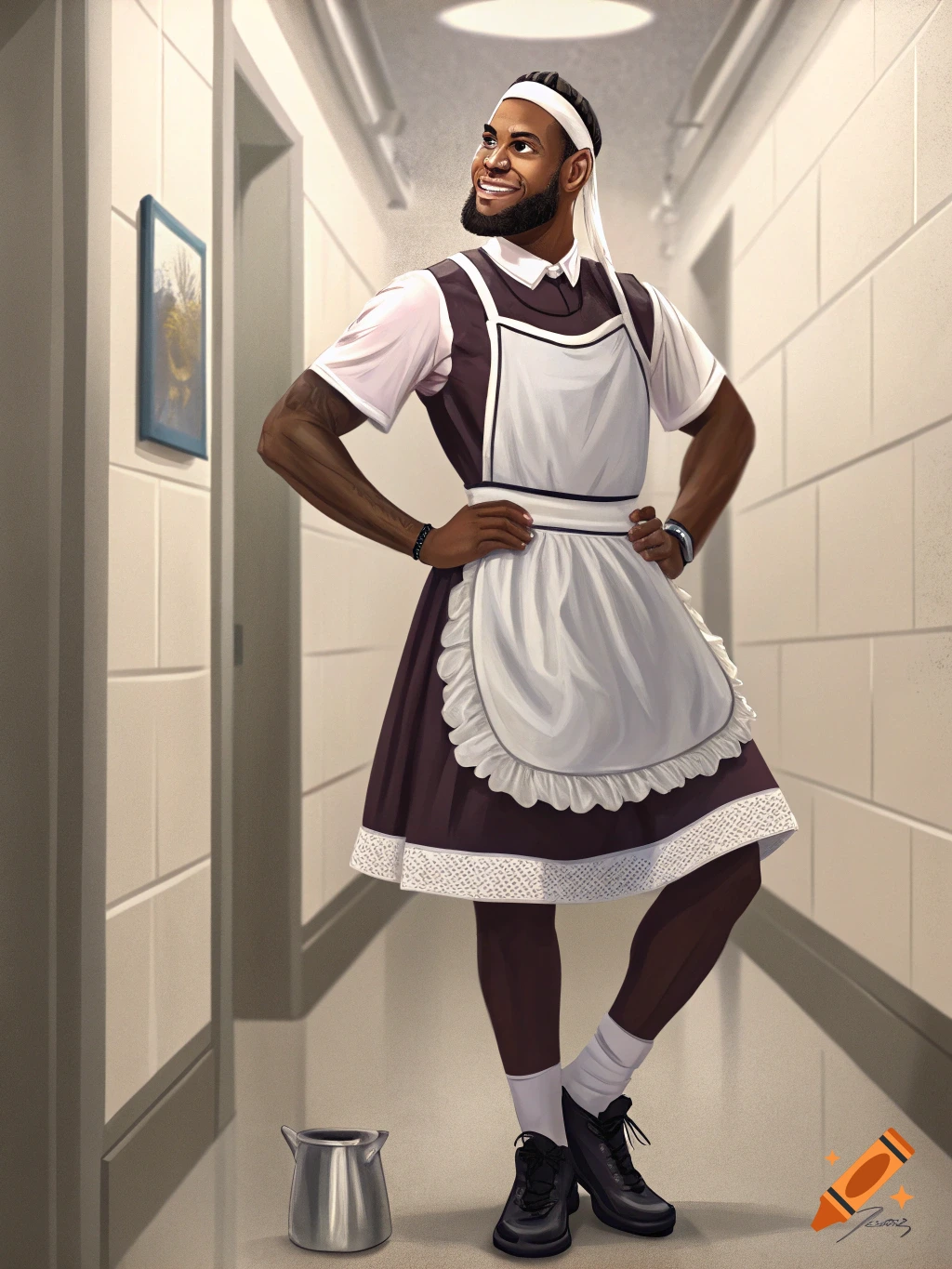 Digital illustration of Lebron James wearing a maid dress in a hallway ...