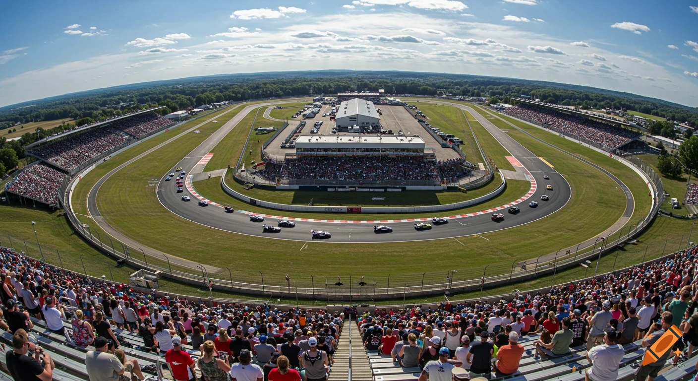 Panoramic view of a race track with cars racing and spectators in ...