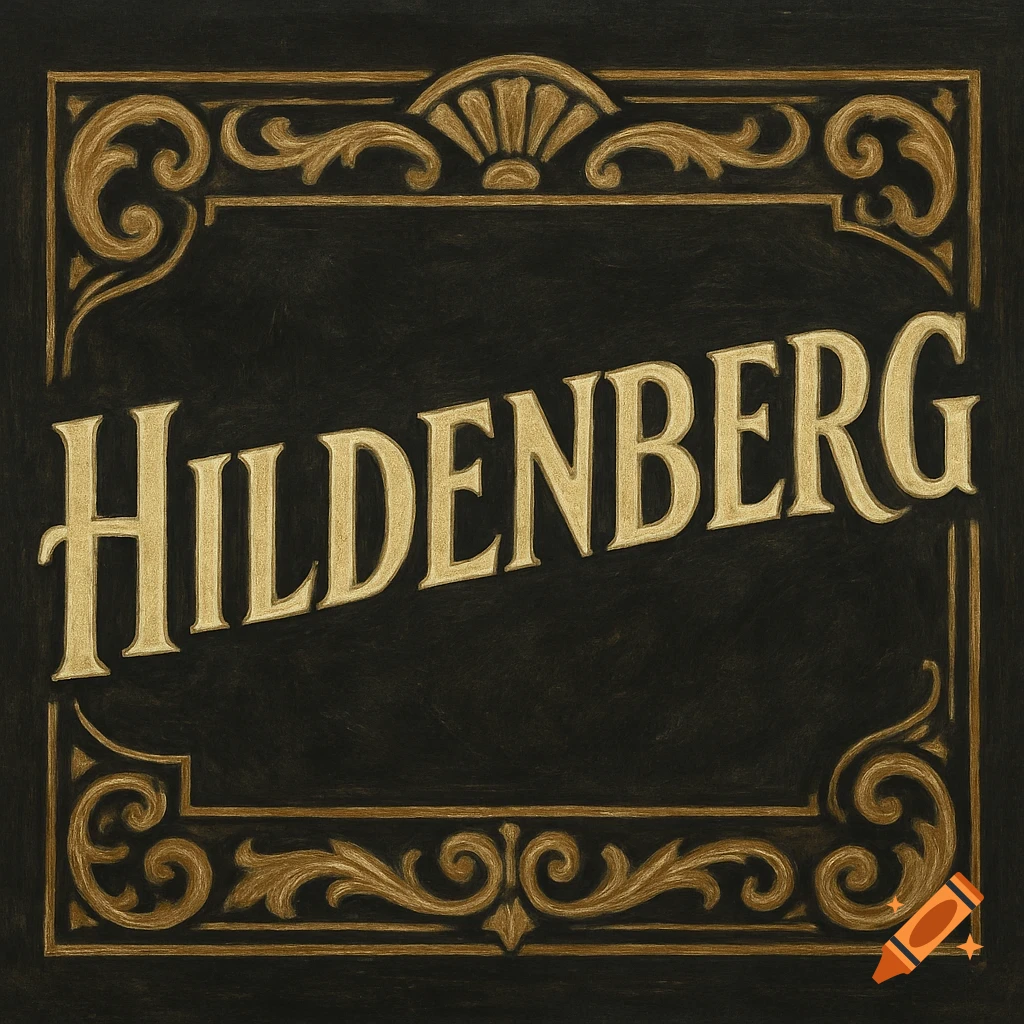Vintage title card with gold ornate border and 'HILDENBERG' text on Craiyon