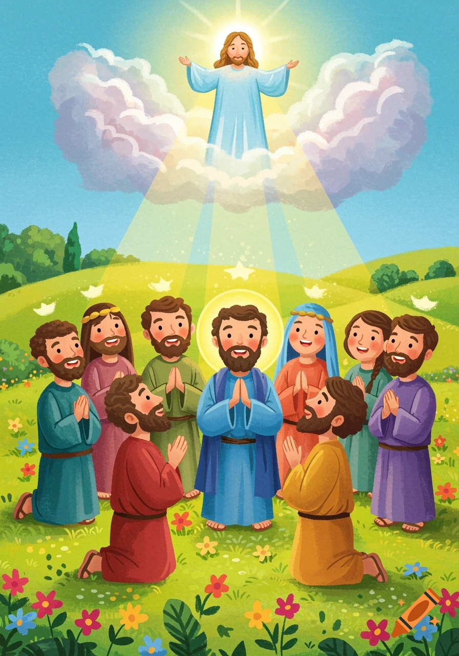 Cartoon illustration of Jesus ascending into clouds with light rays ...