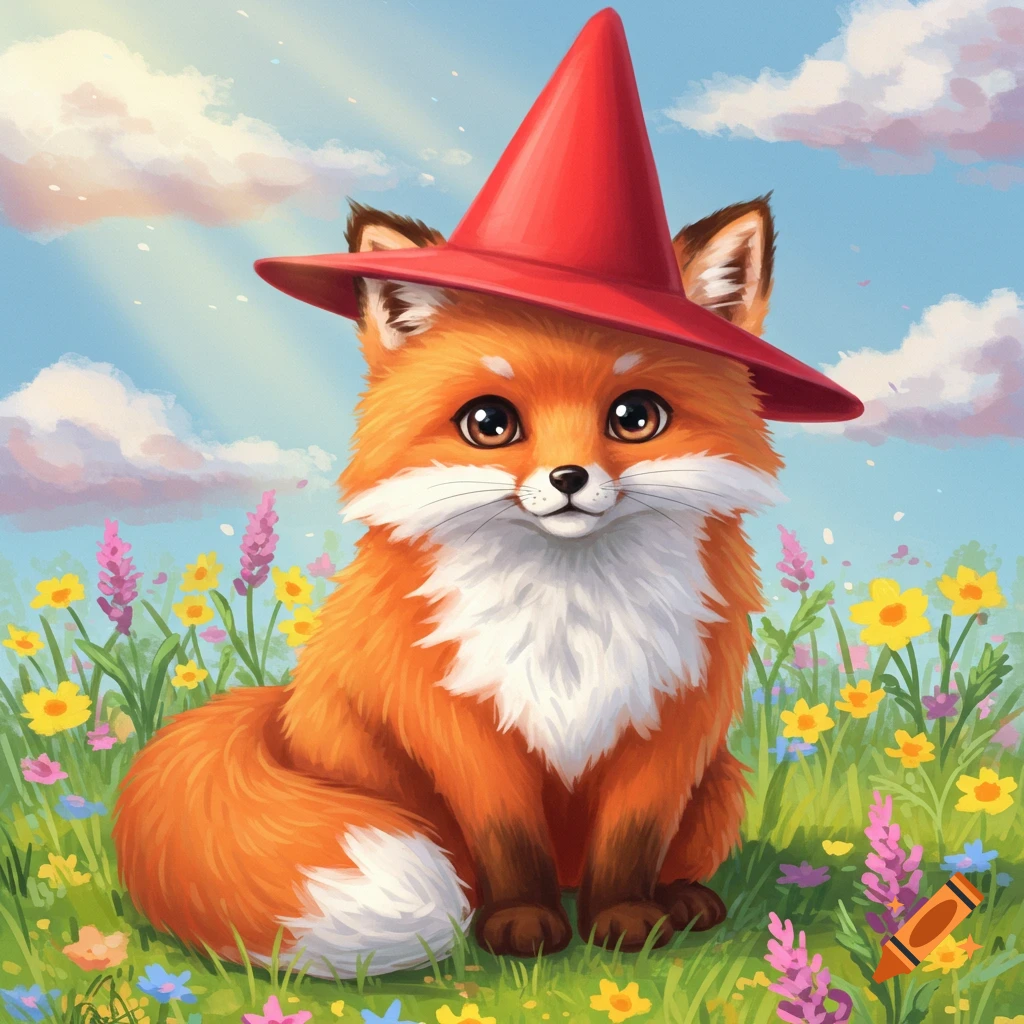 A cute illustrated fox wearing a red cone hat sits in a field of ...