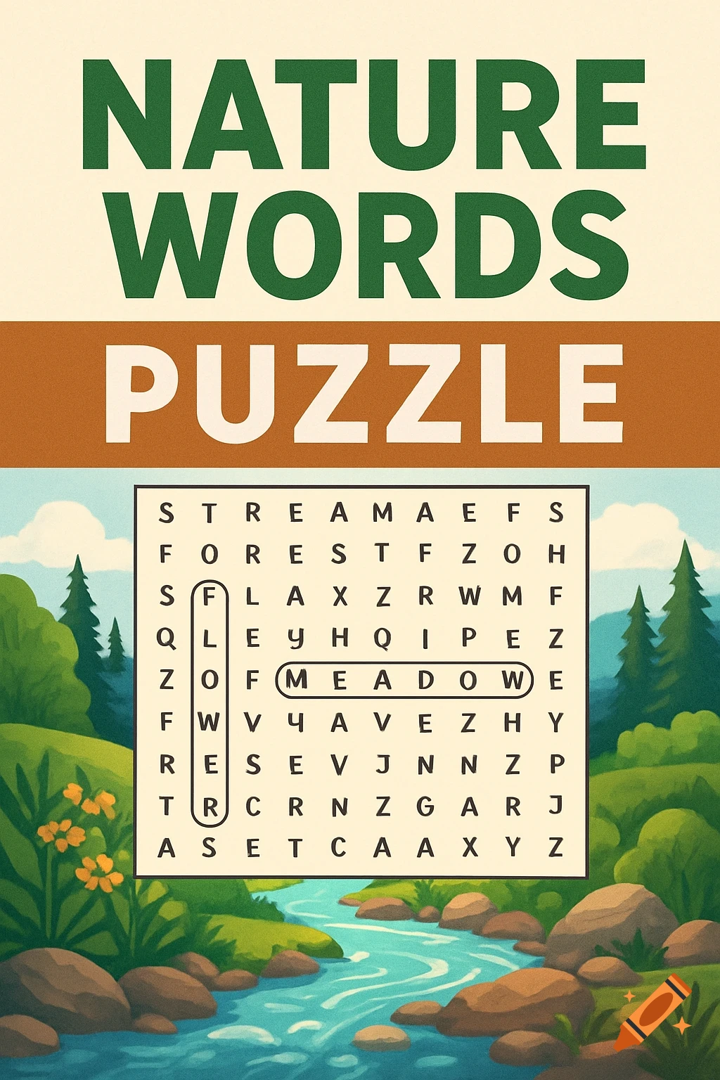 Illustration for a Nature Words Puzzle book cover with a river, trees ...