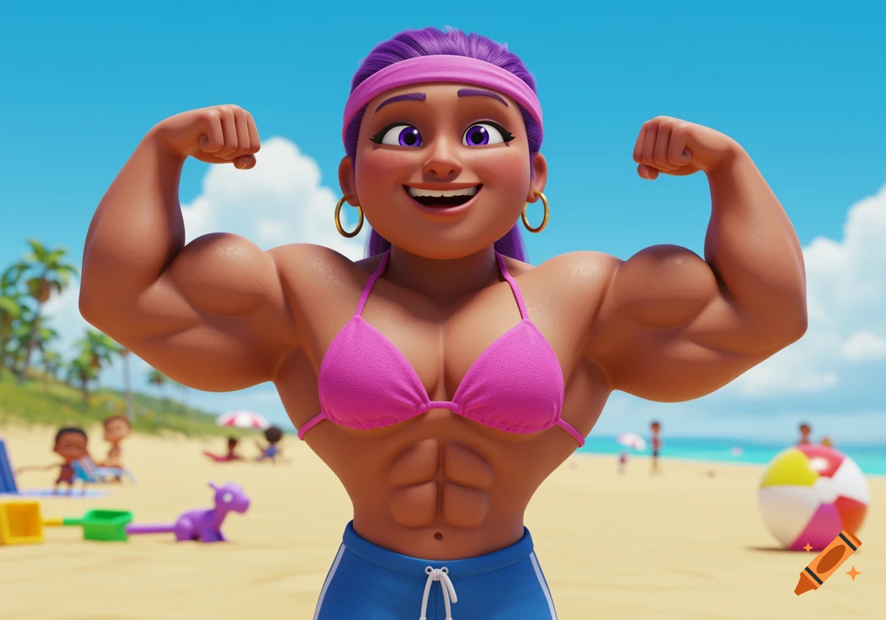 A muscular cartoon woman in a pink bikini flexes her arms on a sunny beach. on Craiyon