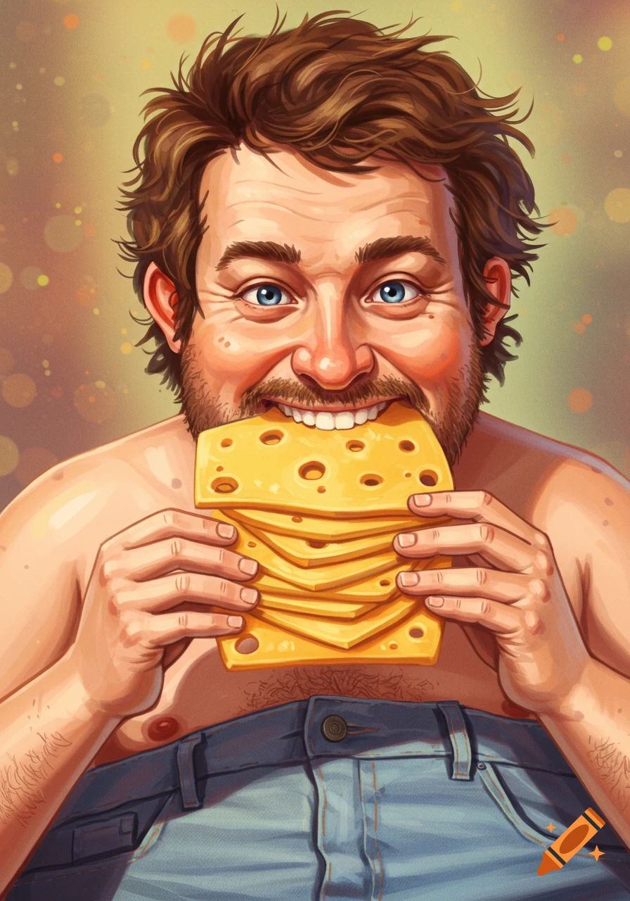 Illustrated portrait of a man with brown hair and blue eyes eating a ...