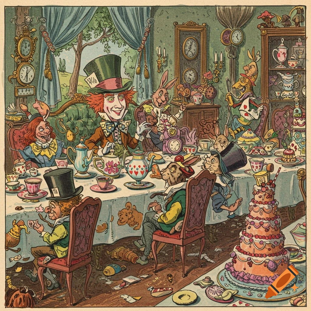 Illustration of the Mad Hatter's tea party with characters around a ...
