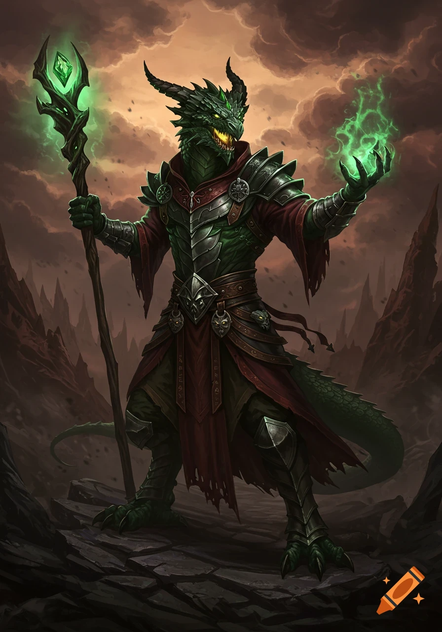 A fearsome green Dragonborn warlock in dark armor casts green magic ...