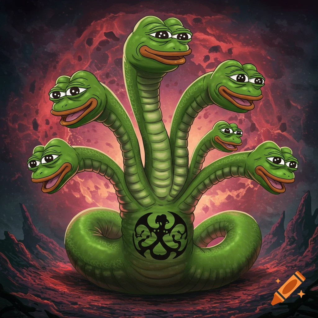 A green hydra-like creature with multiple Pepe frog heads coiled in a fantasy landscape with a ...