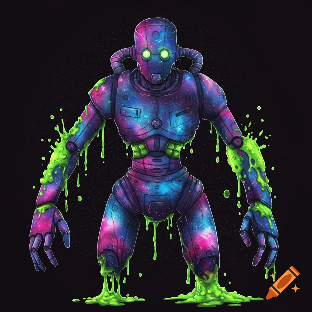 A galaxy-patterned robot covered in green slime illustration. on Craiyon