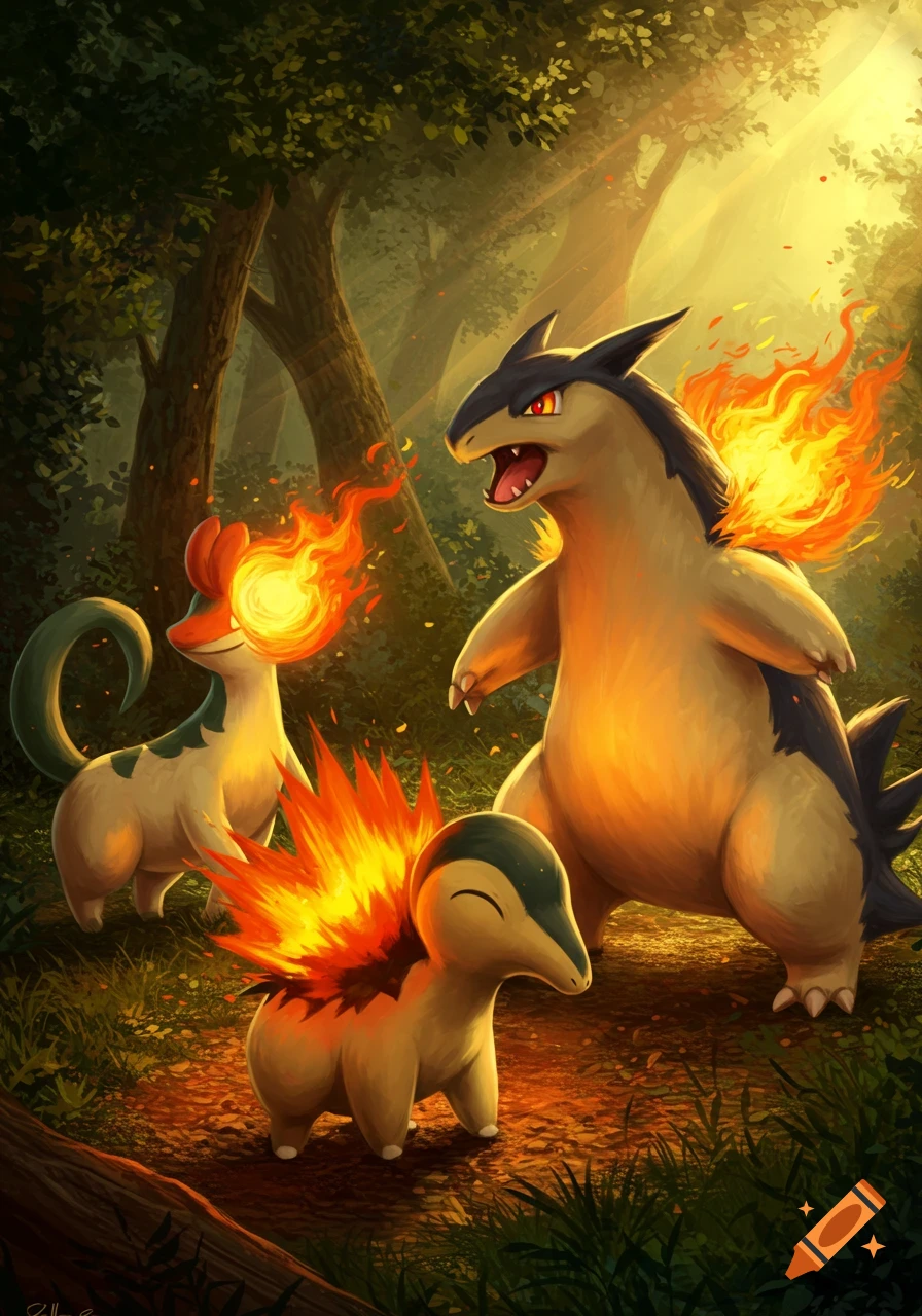 A hyper realistic illustration of Cyndaquil, Quilava, and Typhlosion in ...
