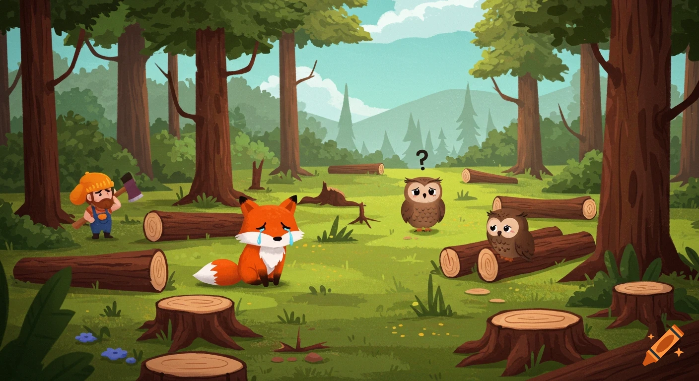 Cartoon forest scene with a crying fox, confused owl, another owl ...