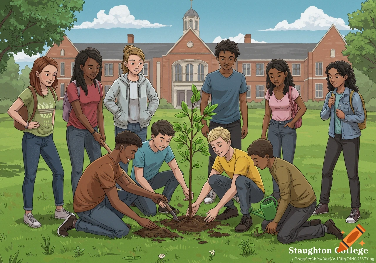 Illustration of a group of students planting a tree on a college campus ...