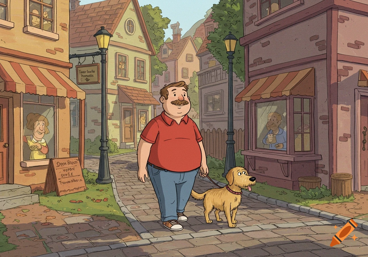 A cartoon man walks a dog on a cobblestone street past shops in a town ...