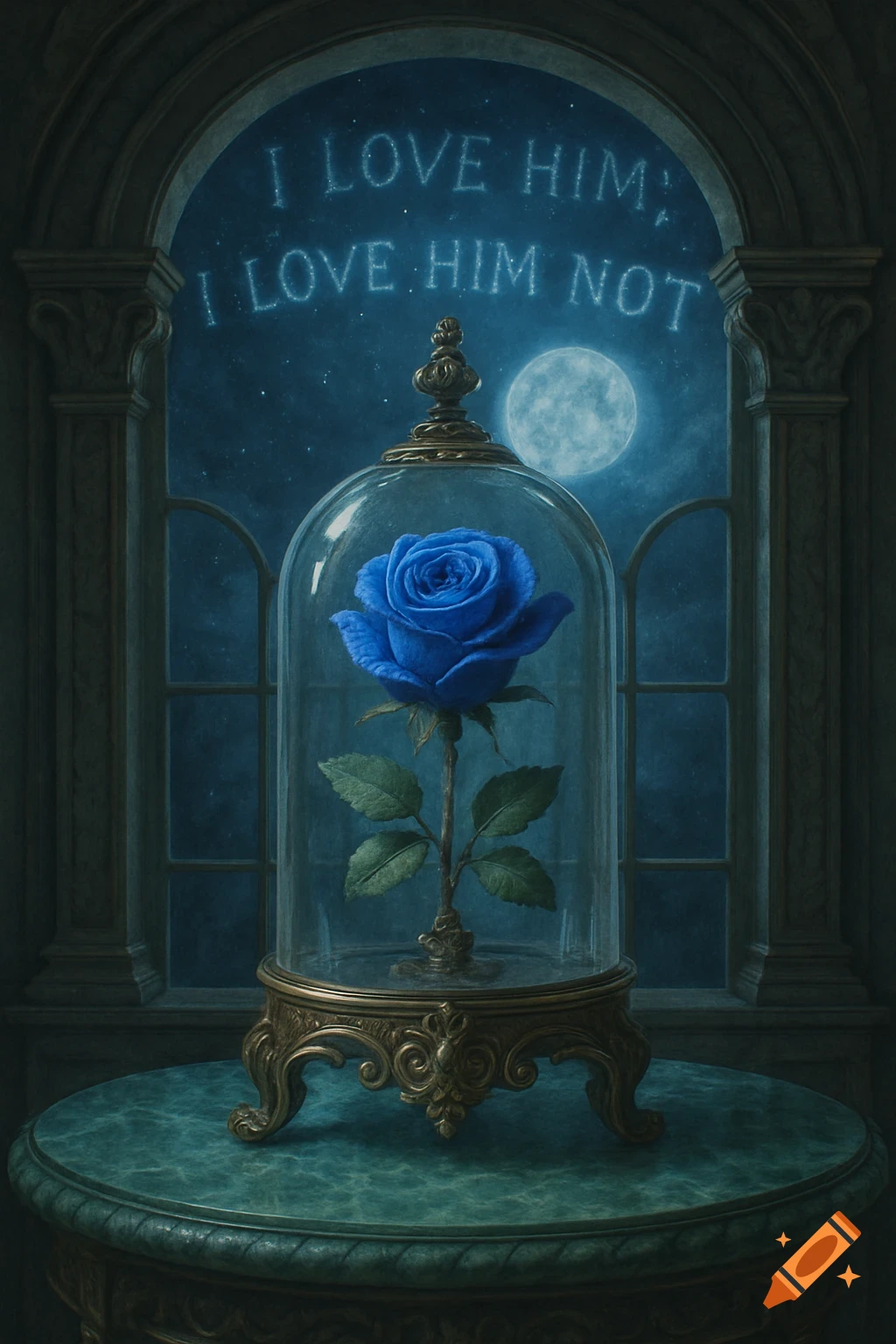 Mystic blue rose in a glass dome on a marbled table before a window ...