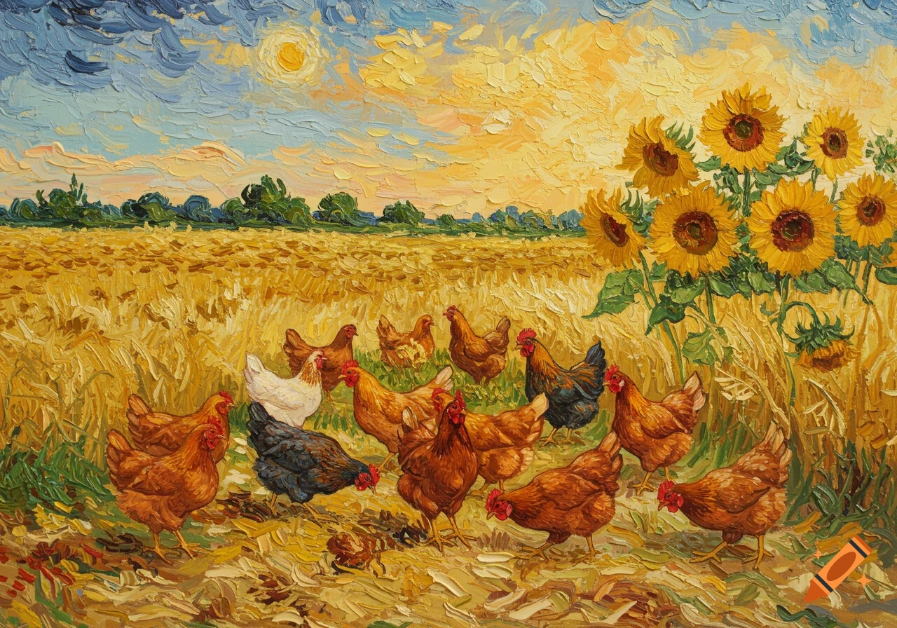 Painting of chickens in a field with sunflowers in Van Gogh style. on ...